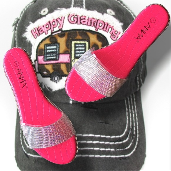 Anna | Shoes | New Neon Pink Rhinestone Slides Flip Flop Sandals | Poshmark